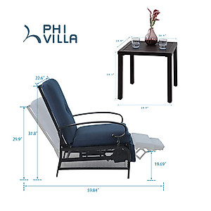 PHI VILLA Outdoor Recliner Chairs with Side Table, Oversized Patio Recliners Outdoor Metal Chaise Lounge Chairs with Removable Cushion for Garden, Poolside, Deck, Blue