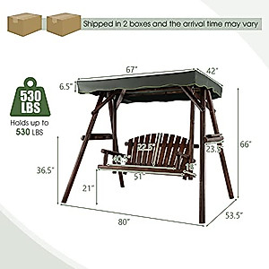 Tangkula Wooden Porch Swing, 2 Person A-Frame Outdoor Swing with Adjustable Canopy, Armrest, 2 Side Tables, Outdoor Swing with Wood Stand for Garden, Backyard, Deck, Poolside (Rustic)