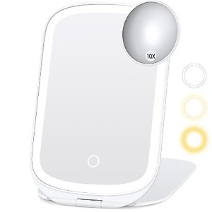 Woltechz Rechargeable Travel Makeup Mirror with Light, 10X Magnifying Mirror, 3 Color Lighting, Dimmable Touch Screen, Portable Ultra Slim Folding Lighted Makeup Mirror