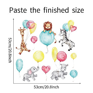 Animals with Balloons Nursery Decor Cute Jungle Animals Safari Balloons Wall Decals Giraffe Lion Zebra Hippo Elephant Vinyl Wall Stickers for Kids Boys Girls Bedroom Daycare Classroom Playroom and Kids Room Wall decor