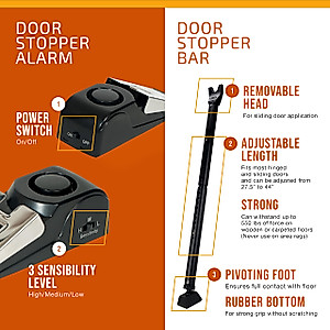 Door Stopper Alarm and Door Security Bar Bundle - House, Apartment, School, Hotel Door Security System, Adjustable Door Stoppers, Sliding Glass Door Security Bar - Lightweight, Portable Doorstops