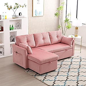 3 Seater Convertible Sleeper Sectional Sofa Bed with Reversible Chaise Lounge and Pull Out Bed , Comfy Corduroy Upholstered Sleeper Corner Couch Bed, L Shaped Pullout Sofabed for Small Places RV