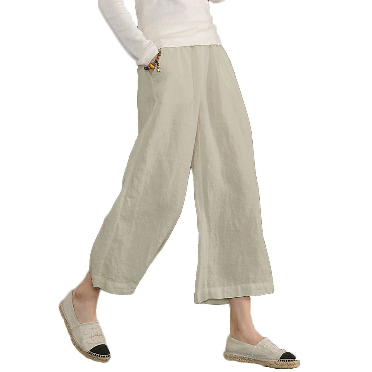 ECUPPER Womens Casual Loose Elastic Waist Cotton Trouser Cropped Wide Leg Pants Natural 18