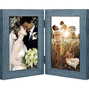 Golden State Art, 5x7 Double Picture Frame Vertical Hinged Photo Frame 2 Opening Folding Family Frames Collage, with Real Glass (5x7, Blue, 1-Pack)