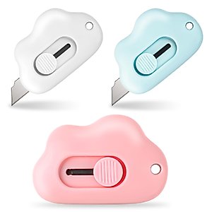 Cute Retractable Box Cutter Cloud Shaped Mini Box Cutters Utility Knives Art Cutter Package Opener Tool for Office, Home, DIY Crafts (Blue&White&Pink)