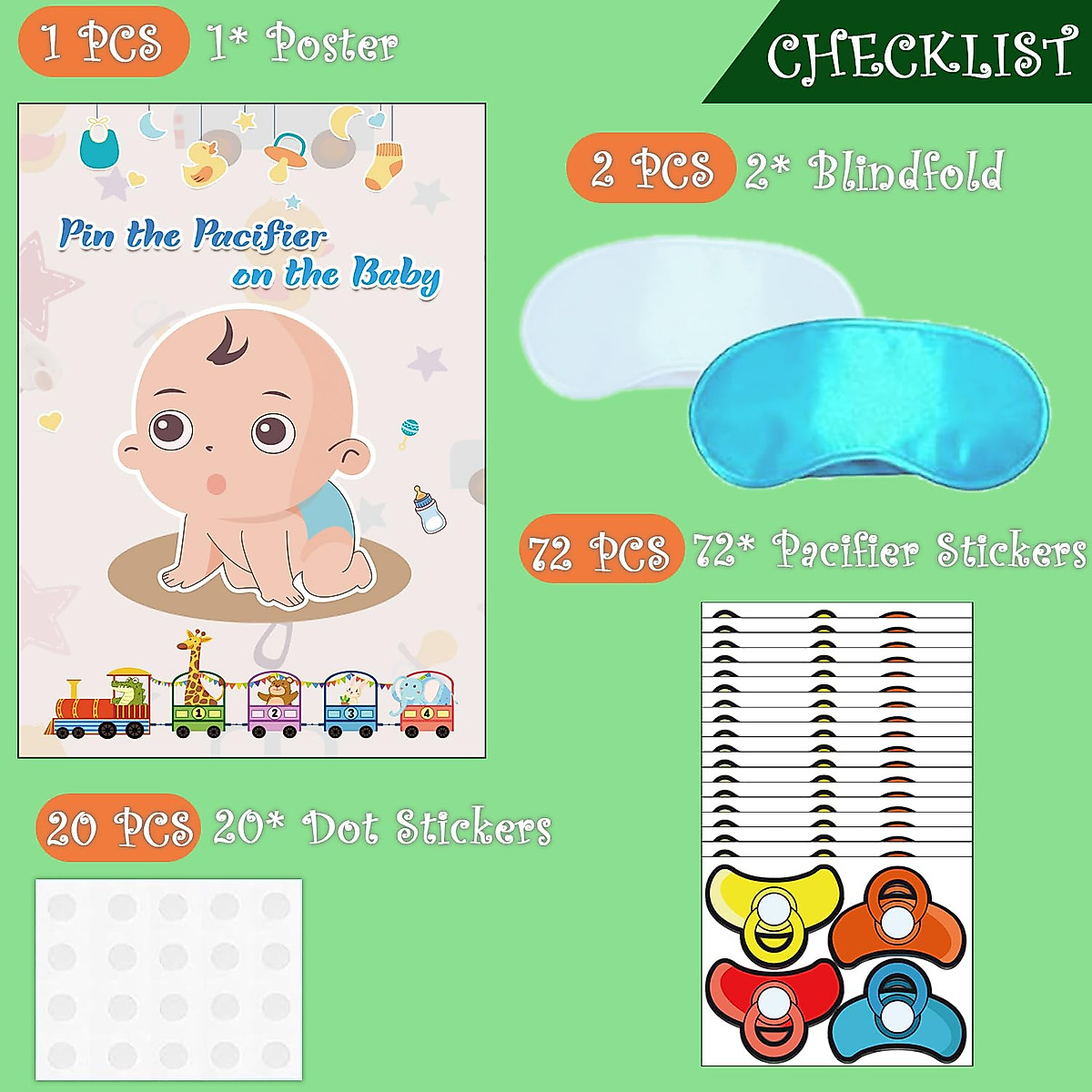 T-Antrix Pin The Pacifier on The Baby Game -Baby Shower Party Games with 21'' x 28'' Poster, Reusable Pacifiers Party Supplies for Kids Birthday Party Favor Sets