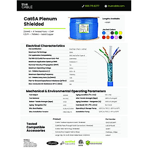 trueCABLE Cat6A Shielded Plenum (CMP), 1000ft, Blue, 23AWG Solid Bare Copper, 750MHz, PoE++ (4PPoE), ETL Listed, Overall Aluminum Foil Shield (F/UTP), Bulk Ethernet Cable