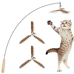 JXFUKAL Cat Wand Toys, Interactive Cat Toys with 3 Feather Refills, 29'' Flexible Steel Wire, Sturdy Wood Handle & Bell for Kitty Kitten, Cat Toys for Indoor Cats Cat Teaser Cat String Toy