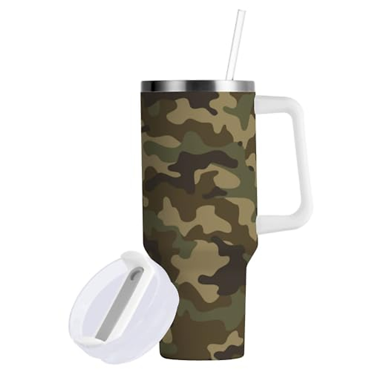 GKCLOCK 40 oz Tumbler with Handle and Straws, Insulated Reusable Stainless Steel Travel Coffee Mug Water Bottle for Office & Outdoor, Cupholder Friendly (Green Camouflage Style)