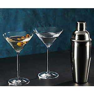 Godinger Cocktail Shaker Set and Martini Glasses Bar Set, Stainless Martini Shaker with Stemmed Cocktail Glasses and Double Jigger, 4 Piece Gift Set