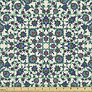 Ambesonne Orient Fabric by The Yard, Moroccan Floral Pattern Victorian Rococo Baroque Design, Decorative Fabric for Upholstery and Home Accents, 2 Yards, Cream Indigo