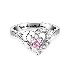 Shusukue Sterling Silver Birthstone Heart Ring Personalized Birthstone Ring Engraved Birthday Jewelry Gifts for Women