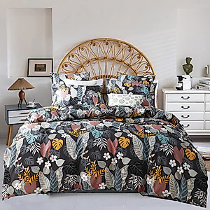 CoutureBridal Tropical Plant Duvet Cover Set King Size Multicolored Monstera Leaf Print Bedding Set with Zipper Ties 3 Pieces Soft Microfiber Aesthetic Comforter Cover Stylish Deco