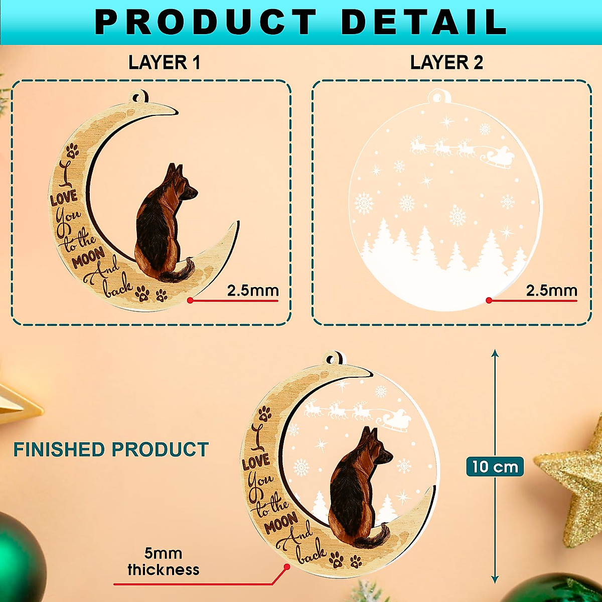 GOSBLUE German Shepherd Dog Ornaments Christmas Tree, GSD 2 Layer Wood & Acrylic Ornament, Christmas Decoration 2024 for GSD Lovers, Dog Mom, Dog Dad, Pet Lovers