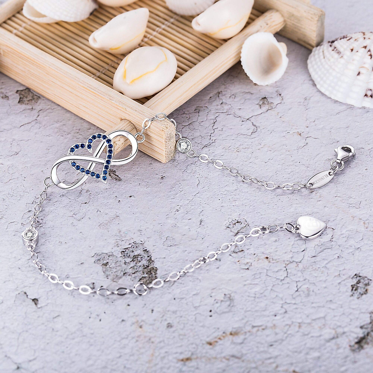 BlingGem Bracelet for Women White Gold-Plated 925 Sterling Silver Blue Cubic Zirconia Infinity Heart Charm Something Blue Bride Birthday Wedding Jewelry Gifts for Women