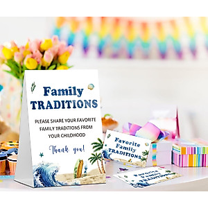 Baby Shower Games Family Traditions Sign, 1 Standing Sign and 50 Cards, Summer Surf Beach Gender Neutral Decoration, Gender Reveal Party, Bridal Shower Favor Supplies-LT22