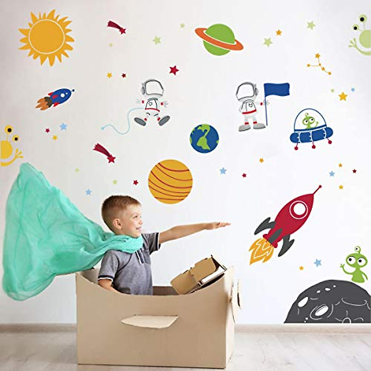 decalmile Planets Space Wall Stickers Rockets Stars Children Wall Decoration Sticker for Children's Bedroom Baby Living Room
