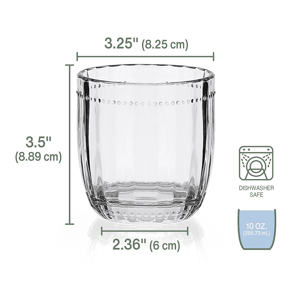 Everyday White by Fitz and Floyd Beaded Double Old Fashioned Beverage Rocks Glass, Set of 4, Clear