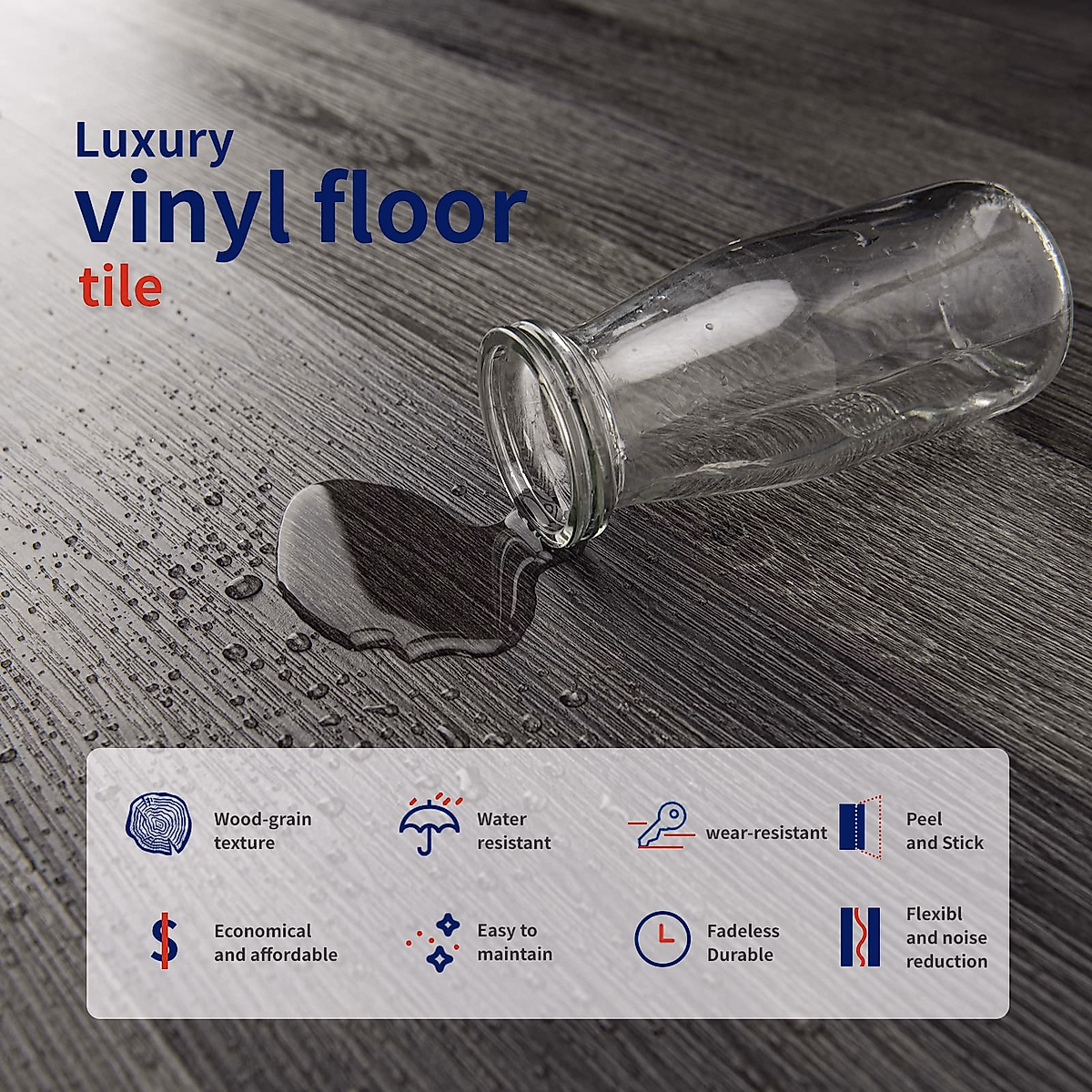 Peel and Stick Floor Tiles Vinyl Flooring Planks, 24 Sheets 36 Sq.Ft Black Adhesive Wood Plank, Thin Design