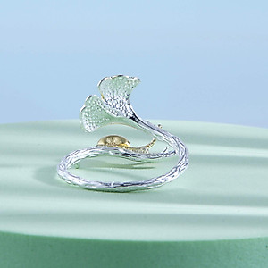 Helen de Lete Snail On Ginkgo Leaf 925 Sterling Silver Open Ring For Women