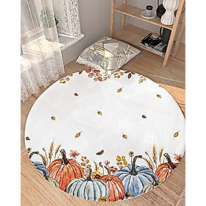 Round Fluffy Area Rug Thanksgiving Fall Pumpkin Harvest Ultra Soft Short Plush Circle Carpet Autumn Leaves Wheat on White Non-Slip Shaggy Accent Throw Rugs for Living Room Bedroom Nursery 48in