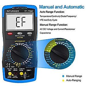 Digital Multimeter,Infurider YF-770M 6000 Counts Manual and Manual Range AC/DC Voltage Amp Ohmmeter Tester Meter with Diode Continuity,Cap,Temp and Mechanical Protection