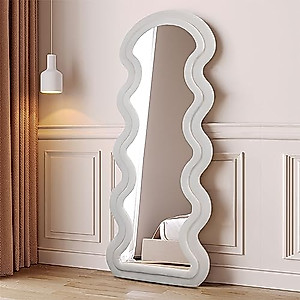 LOVDECORT Irregular Wavy Full Length Mirror, 63" x 24" Shatter-Resistant Selfie Leaner Mirror, Standing Floor Mirror for Hanging & Leaning Against Wall with Velvet Wrapped Wooden Frame(White)