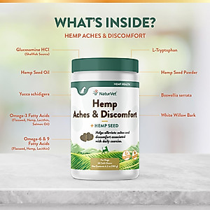 NaturVet Hemp Aches & Discomfort Plus Hemp Seed for Dogs, 60 ct Soft Chews, Made in The USA