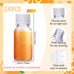 Zubebe 24 Pcs Plastic Bottles with Caps Clear Ginger Shots Bottles with Lids Leak Proof Small Juice for Freezer Mini Water Containers for Drink Milk Beer Coffee Liquid(2 oz)