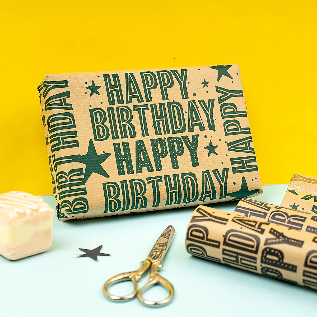 RUSPEPA Kraft Wrapping Paper Rolls - 17 inches x 10 feet per Roll, Total of 4 Rolls, Birthday Greeting