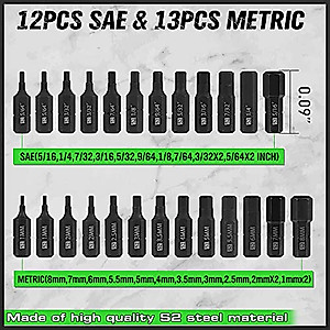 SWANLAKE 26-Piece Hex Head Allen Wrench Drill Bit Set, 1/4Hex Shank Quick Change Bit Holder, Metric and SAE S2 Steel Hex Bits Set