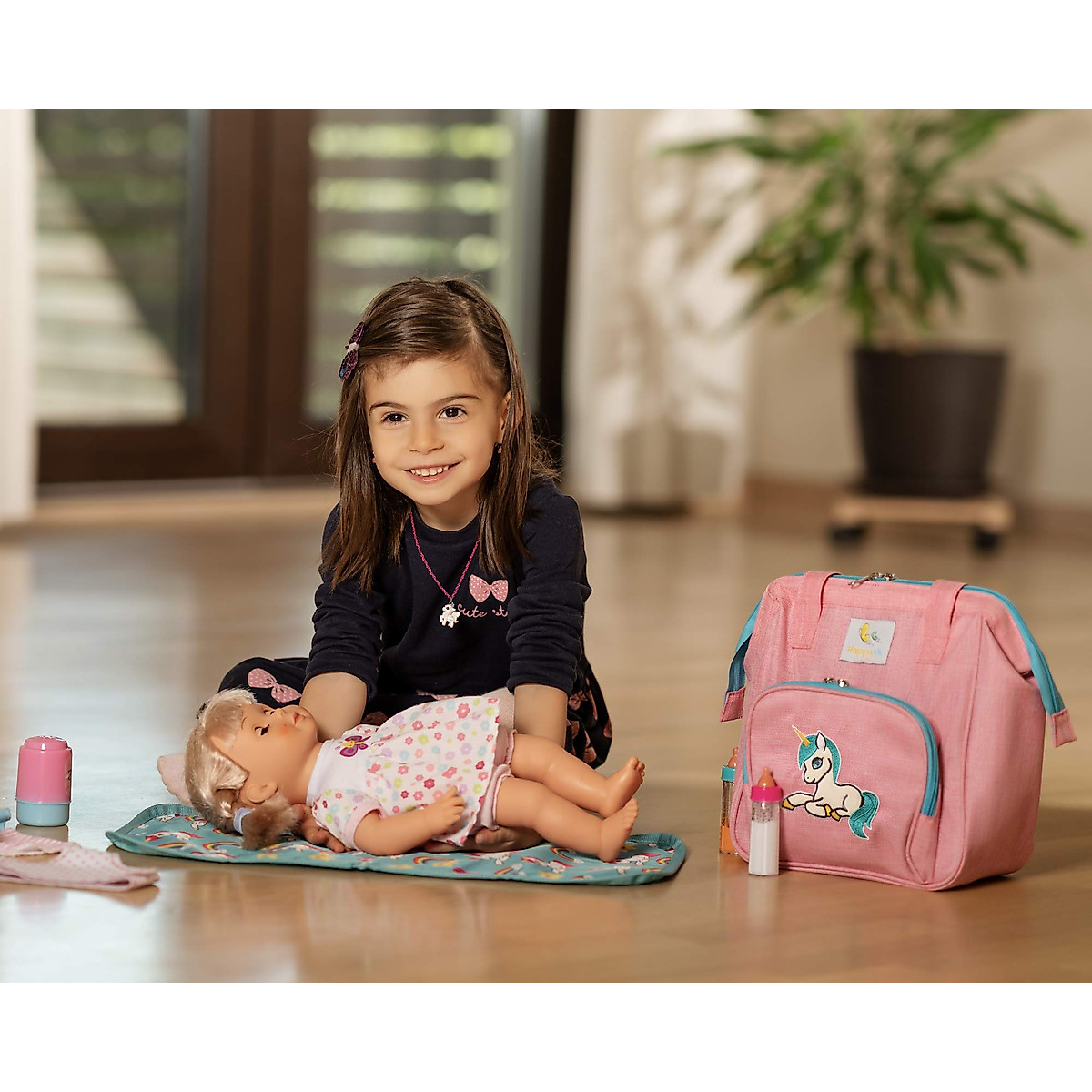 HappyVk- Baby Doll Diaper Bag with Doll Changing Pad and Doll Accessories Set - Handbag for Girls - Unicorn Embroidery