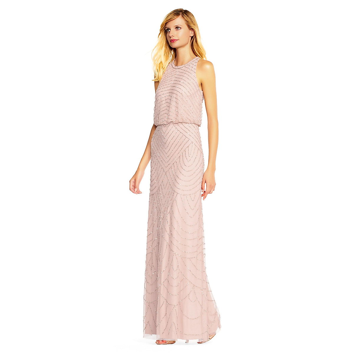 Adrianna Papell Womens Art Deco Beaded Blouson Dress with Halter Neckline, Blush, 16