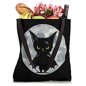 Halloween Cat and Moon: Grumpy Black Kitten In Bat Costume Tote Bag