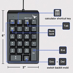 Rottay Number Pad, Mechanical USB Wired Numeric Keypad with Blue LED Backlit 22 Key Numpad for Laptop Desktop Computer PC Black (Blue switches)