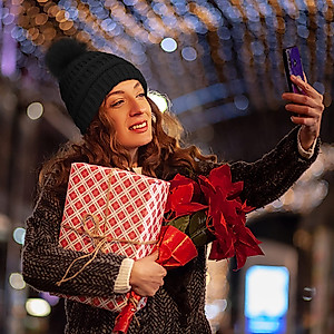 Double Couple 3pcs Winter Beanie Hat Scarf and Touch Screen Gloves Set for Women Knit Hat with Faux Fur Ball Scarves Glove