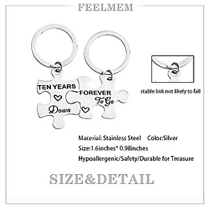 FEELMEM 10th Anniversary Present Ten Years Down Forever To Go Couples Puzzle Keychain Set 10 Years Anniversary Key Chain