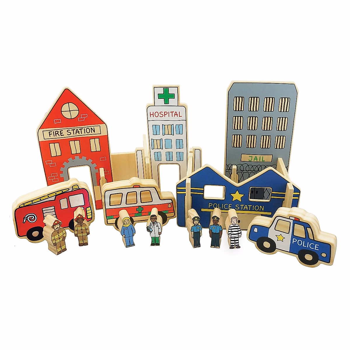 THE FRECKLED FROG Happy Architect - Emergency - Set of 20 - Ages 2+ - Wooden Blocks for Preschoolers and Elementary Aged Kids - Includes Workers, Vehicles and Buildings