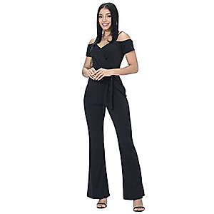 Women's Jumpsuit Elegant Sexy V Neck off Shoulder High Waisted Flared Pants Casual Rompers Party Clubwear with Belt Black 2XL