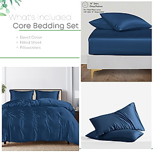 Linenwalas Tencel Lyocell Duvet Cover Set with Deep Pocket Fitted Sheet, Viscose Made from Eucalyptus Soft, Lightweight and Breathable Complete Bedding Set (Navy Blue, Queen)