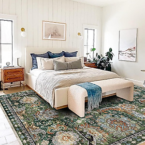 RUGSURE Washable Area Rugs - Perfect for Living Room, Bedroom, Kids Room, Nursery - Stain & Water Resistant Non-Slip, Pet & Child Friendly, Vintage Tribal Area Rugs (Green, 5' x 7')