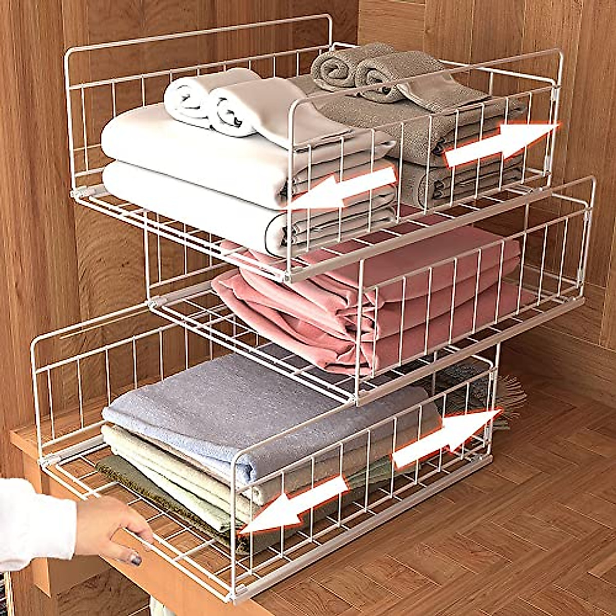 3-Tier Sliding Closet Organizers and Drawer,Storage Shelves for Clothes,Collapsible Stackable Storage Baskets Bins,Clothes Organizer Containers Wardrobe Locker, Metal Drawer Shelf,Cupboard Organizer for Clothes(White)