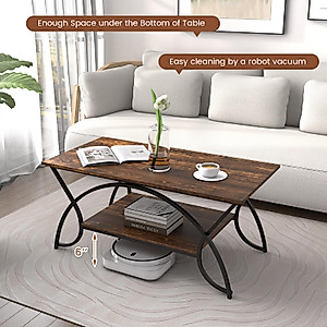 Giantex 2-Tier Rectangular Coffee Table, Wood Grain Table with Open Storage Shelf, Black Finished Metal Frame, Industrial Center Table for Living Room, Reception Room (Coffee)