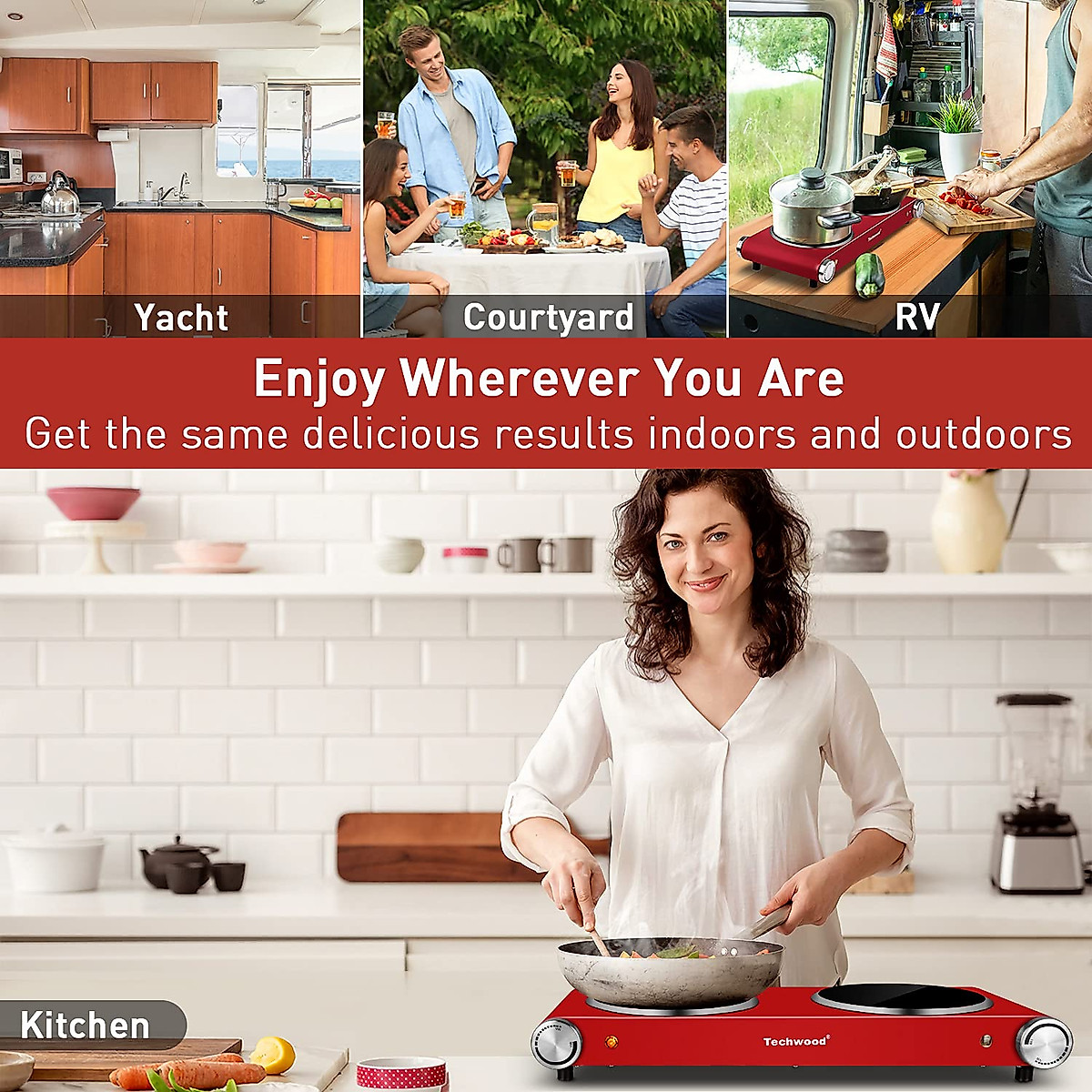 Hot Plate, Techwood 1800W Dual Electric Stoves, Countertop Stove Double Burner for Cooking, Infrared Ceramic Hot Plates Double Cooktop, Red, Brushed Stainless Steel Easy To Clean Upgraded Version, Red