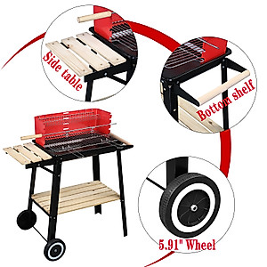 Charcoal BBQ Grill Medium Barbecue Box Grill with Side-tables and Wheels. Four Legs With Wheels Square Enamel Charcoal Oven Black Red