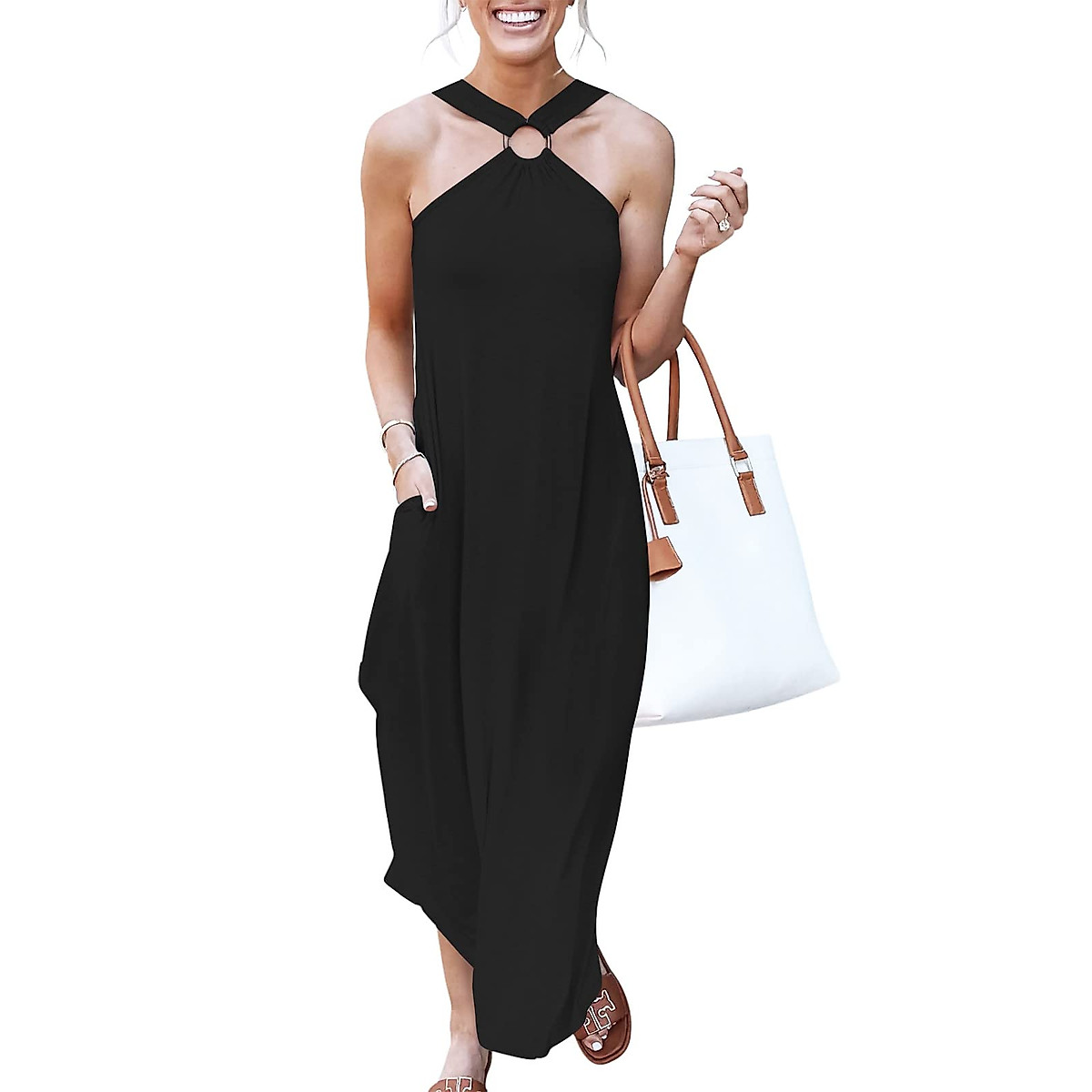 ANRABESS Women Summer Halter Neck Sundress Sleeveless Split Side Casual Beach Travel Vacation Maxi Long Dress with Pockets Black Medium