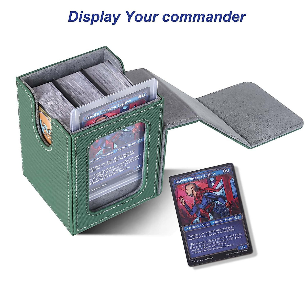 AFIING MTG Deck Box for Commander Display,Card Deck Box Fits 100 Double Sleeved Cards, Magic Commander TCG Card Storage case with 2 Dividers,Dice Bag and 1 Toploader(Green/Grey)