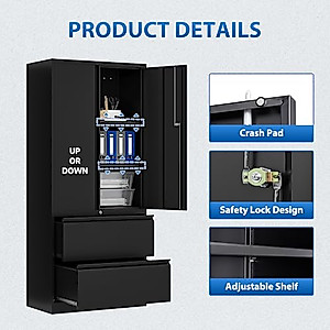 heycode File Cabinet with 2 Drawers - Metal Vertical Lateral Filing Storage Cabinet with Lock - Storage Cabinet with File Cabinet for Home Office Hanging Files Legal/Letter/A4 Size (Black, 2 Drawers)