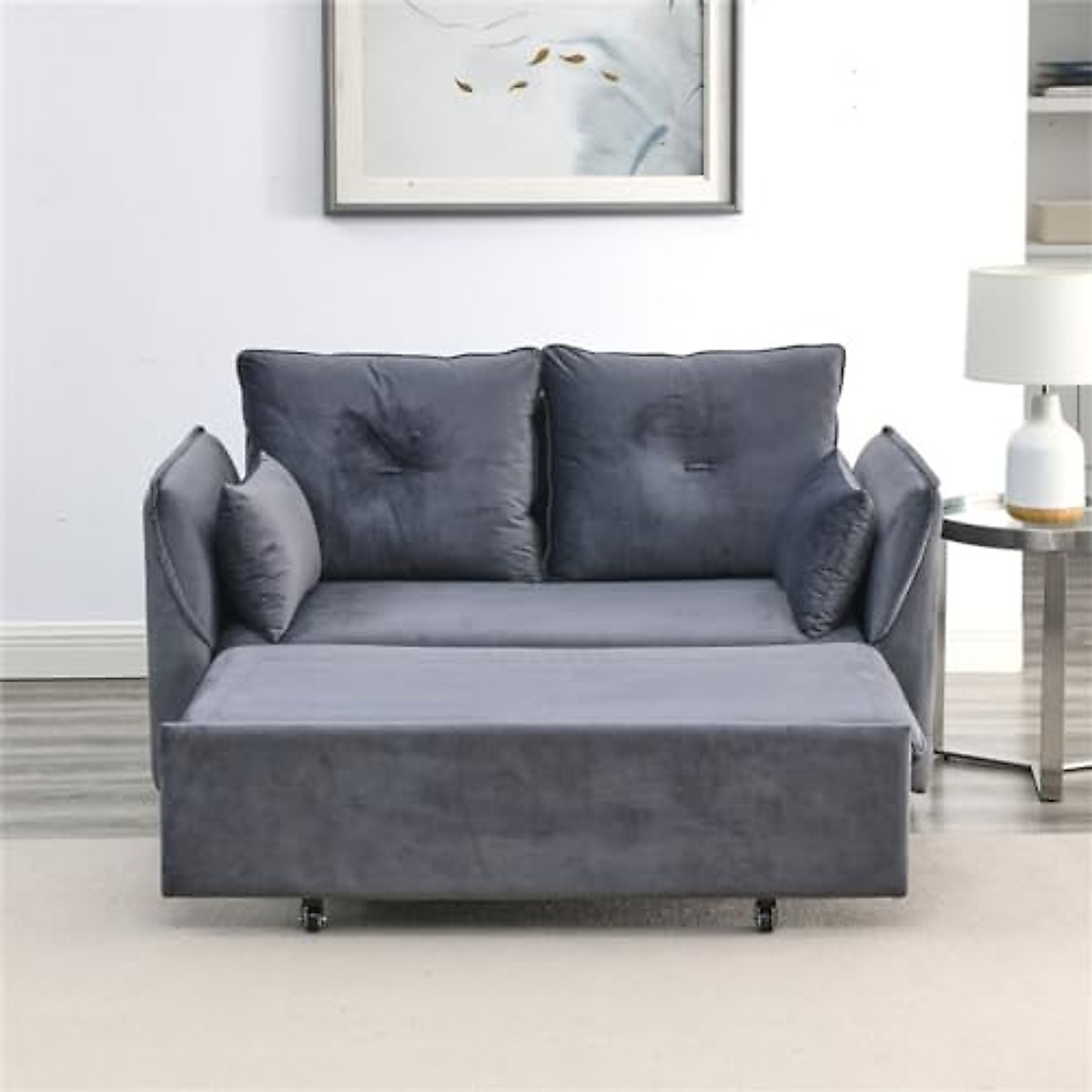 ADUH 57" Convertible Sofa Bed with 2 Detachable Arm Pockets, Velvet Loveseat Multi-Position Adjustable Sofa with Pull Out Bed