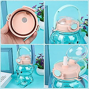 Kawaii Bear Straw Bottle，Large capacity bear water bottle with Strap and Straw , Cute Portable Bear shaped water Bottle Adjustable Removable Strap for outdoor and school activities(blue)